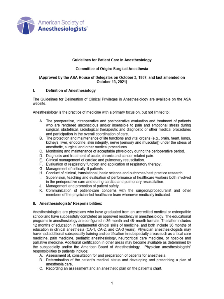 Guidelines For Patient Care in Anesthesiology 2021 | PDF | Anesthesia ...