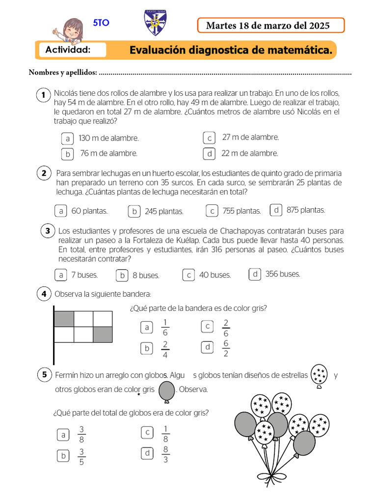 Evaluacion Diagnostica Matematiac 5to Primaria | PDF