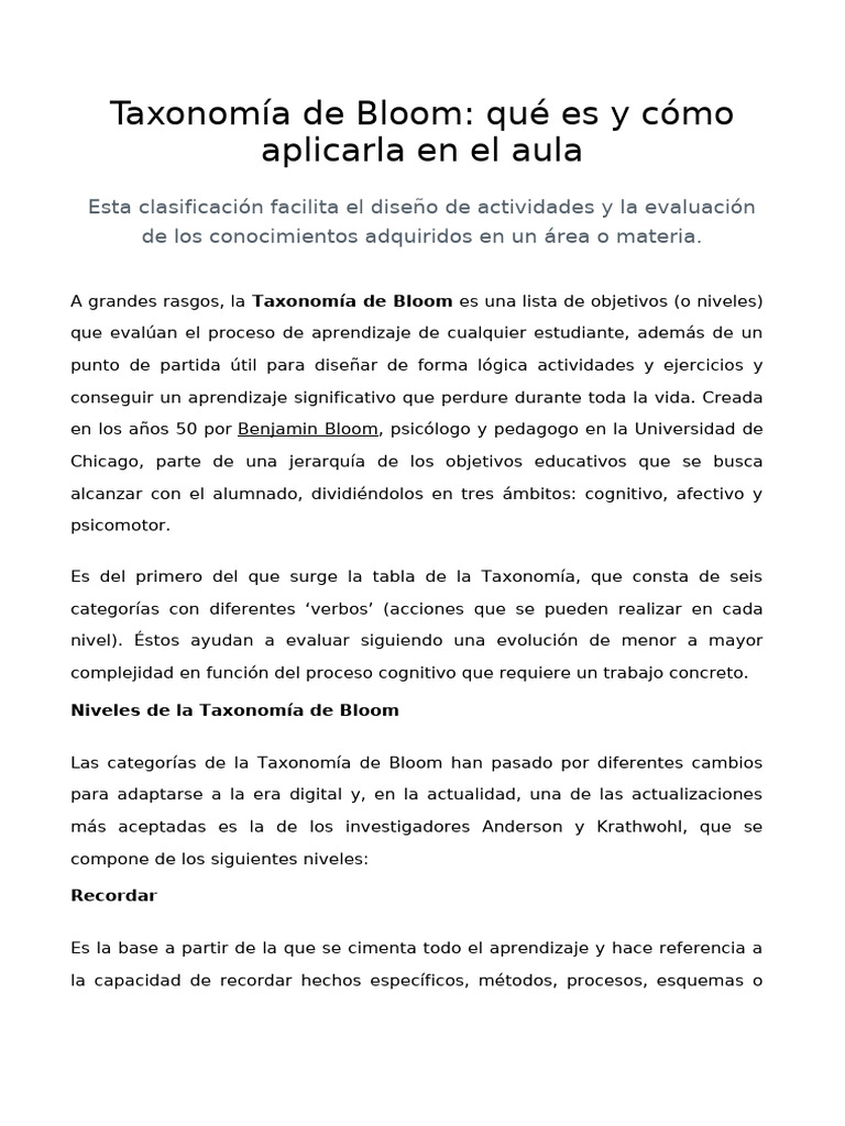 Aplicación de la Taxonomía de Bloom | PDF | Ciencia cognitiva | Aprendizaje