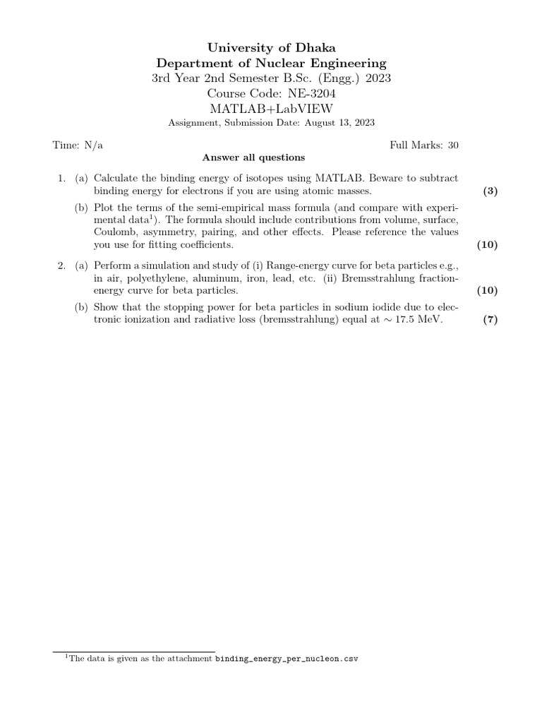 3rd Year 2nd Semester B.Sc. (Engg.) 2023 Course Code: NE-3204 Matlab+Labview | PDF