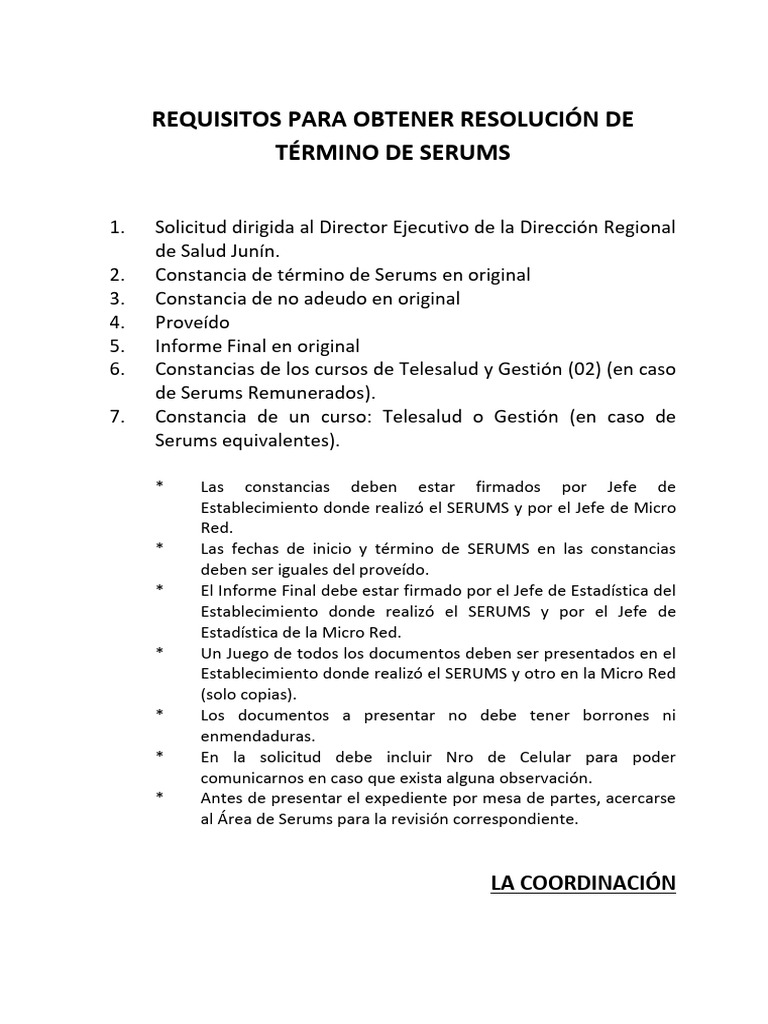 Requisitos para Obtener Resoluci N de Termino de SERUMS | PDF