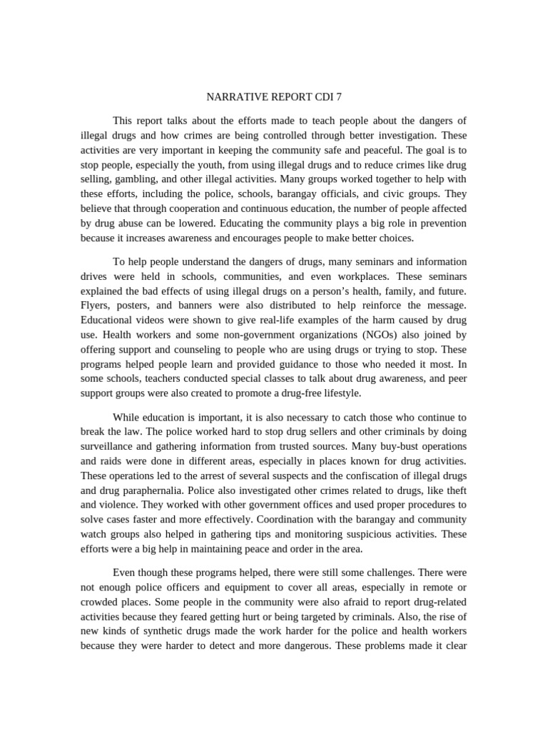 NARRATIVE REPORT about Vice Drug Education and Control (CDI 7) | PDF ...