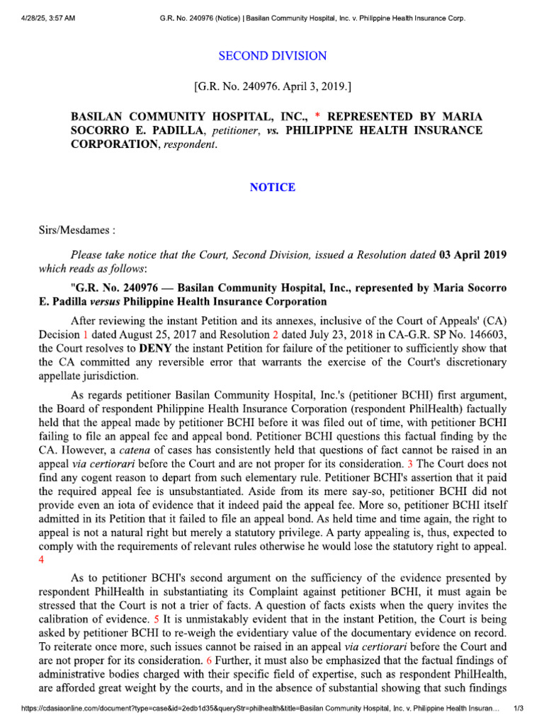 Basilan Community Hospital, Inc. v. Philippine Health Insurance Corp. | PDF