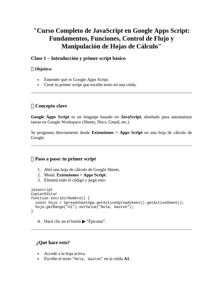 Curso Completo de JavaScript en Google Apps Script | PDF | Script Java | Lenguaje de escritura