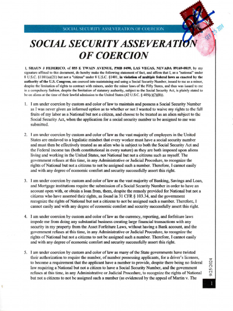 Social Securityh Asseveration of Coercion | PDF