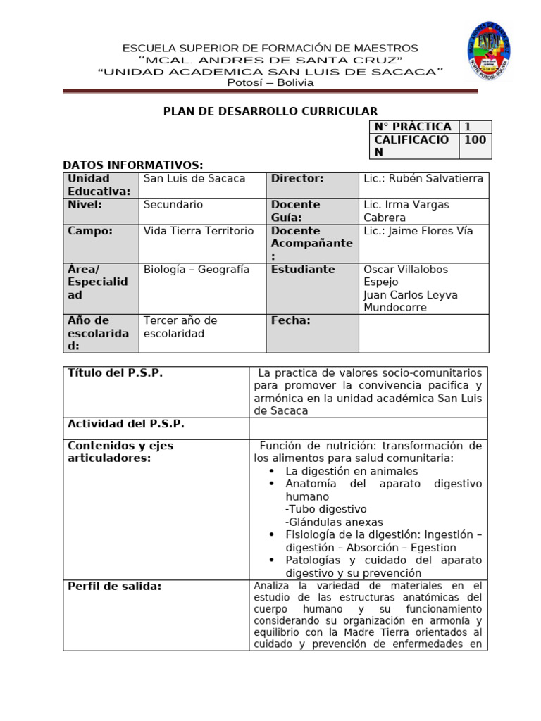 PDC Practica Didactica | PDF | Digestión | Maestros
