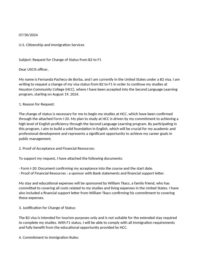 Sample Personal Letter For Change of Status | PDF | United States ...