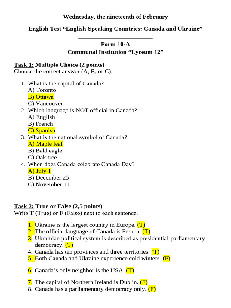 English Speaking Countries | PDF | Canada | Ukraine