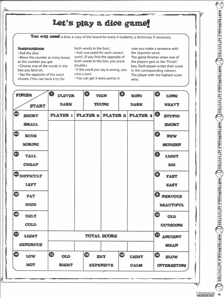 Game - Dice Game Adjectives Opposites | PDF