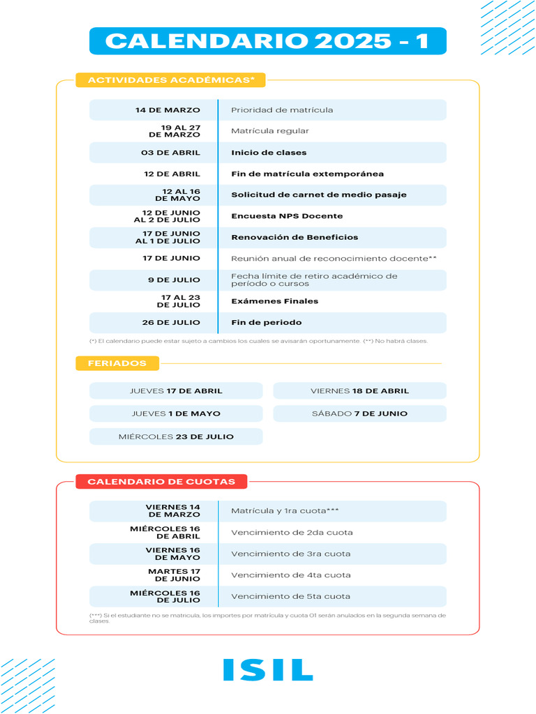 Calendario Académico ISIL 2025-1 | PDF