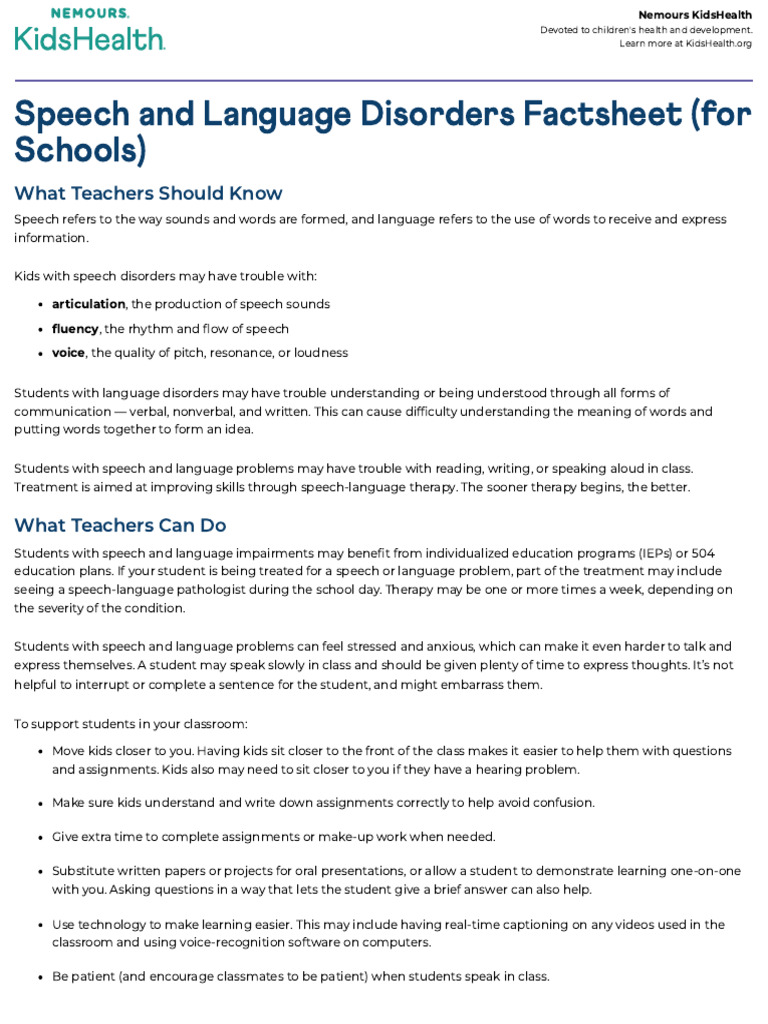 Speech and Language Disorders Factsheet (For Schools) (For Parents ...