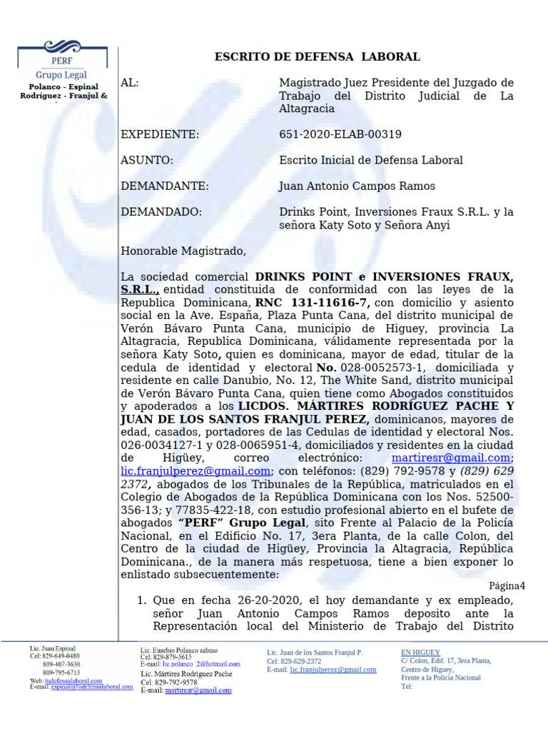 ESCRITO DE DEFENSA LABORAL EXP-651-2020-ELAB-00319 | PDF | República Dominicana