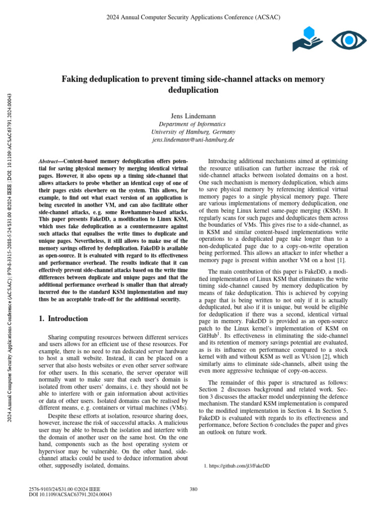 3 24 ACSAC Faking Deduplication To Prevent Timing Side-Channel Attacks On Memory Deduplication ...