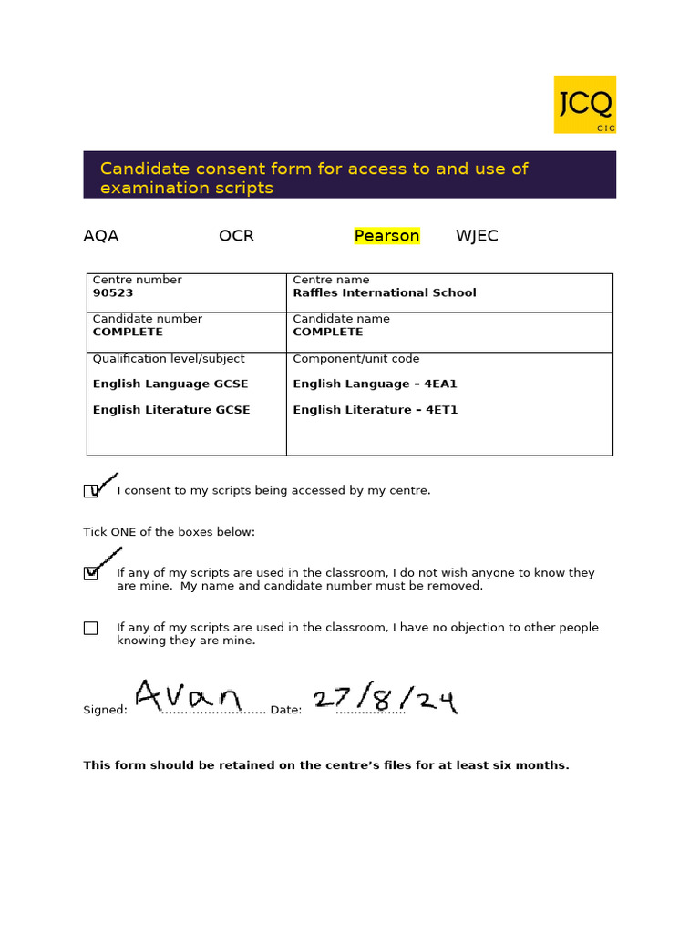 Edexcel Access To Scripts Consent Form | PDF