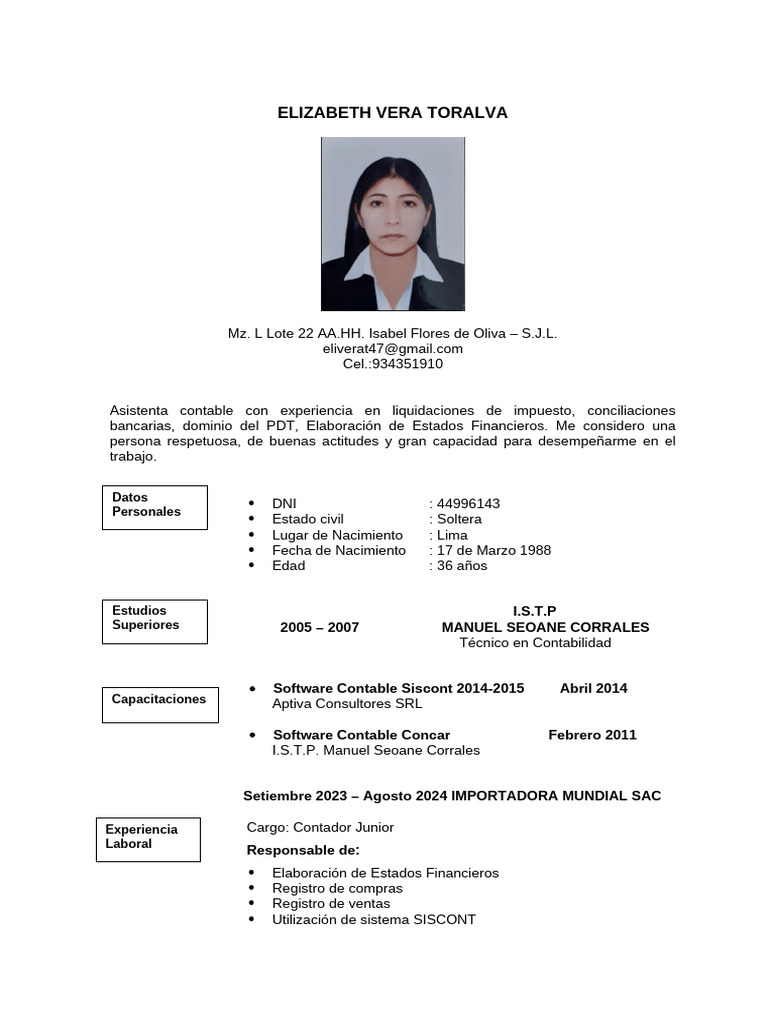 Cv Elizabeth Vera Tor Alva | PDF | Negocios económicos | Contabilidad