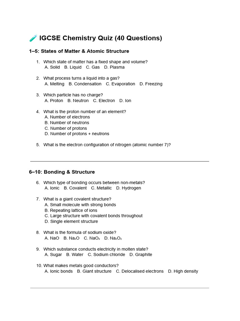 IGCSE Chemistry Quiz 40 Questions | PDF | Chemical Bond | Redox
