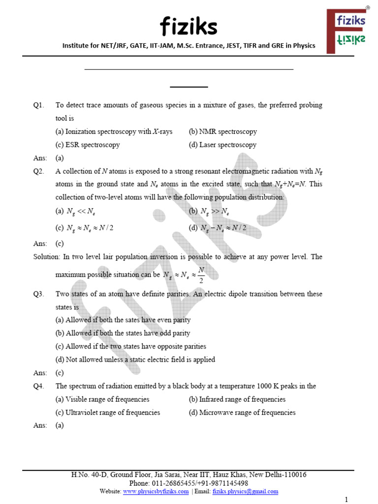 GATE Physics Solutions: Atomic & Molecular | PDF | Spectral Line ...