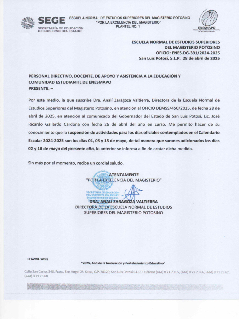 Oficio. Dirección Enesmapo. Días Autorizados. Mayo 2025. | PDF