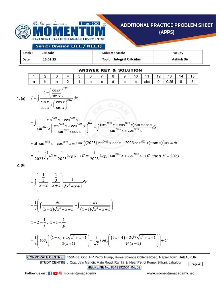 JEE Adv. Integral Calculus Sol. (13-02-2025) | PDF