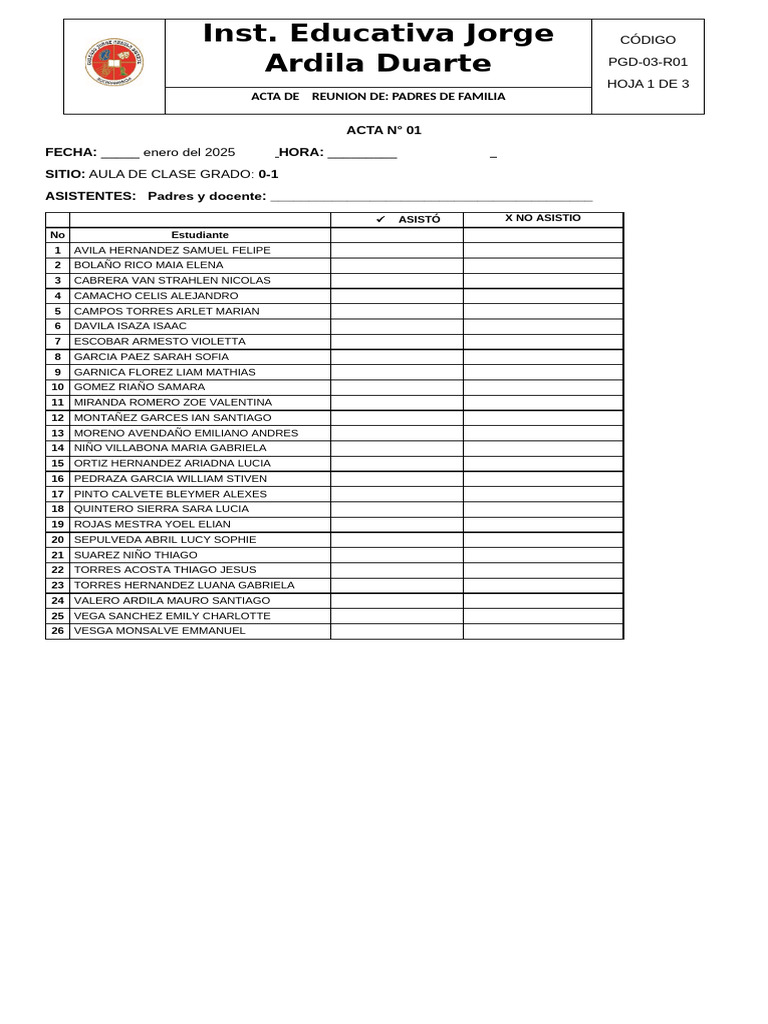 Actas Padres Hoja 01 2025 | PDF