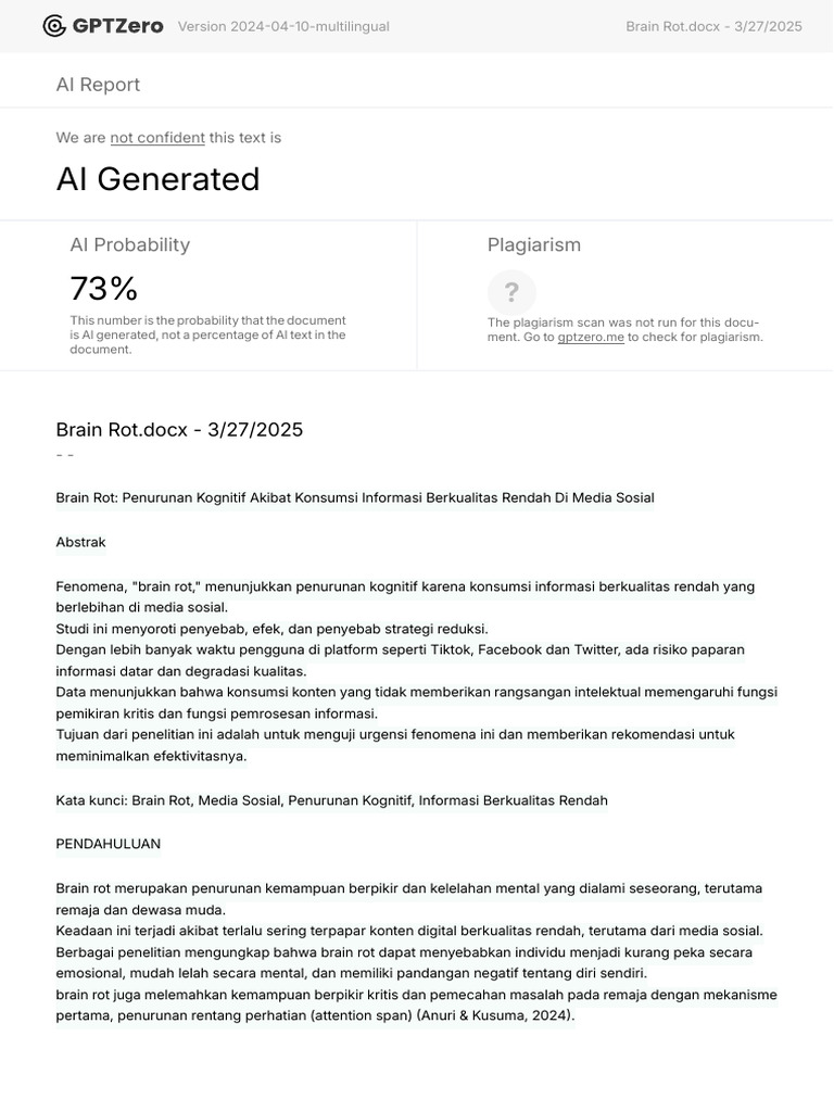 GPTZero AI Scan - Brain Rot | PDF