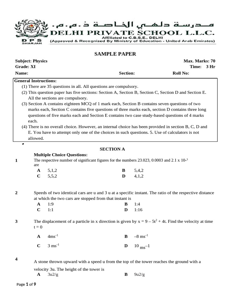 FT - GR11 - Sample Paper QP 24-25 | PDF | Velocity | Acceleration