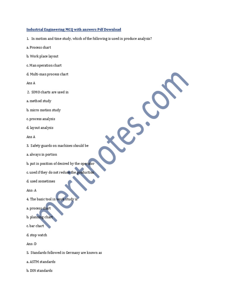 Industrial Engineering MCQ Download | PDF