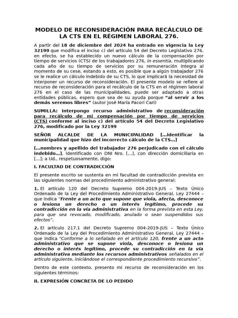 Modelo de Reconsideración para Recálculo de La CTS en El Régimen Laboral 276 | PDF | Apelación ...