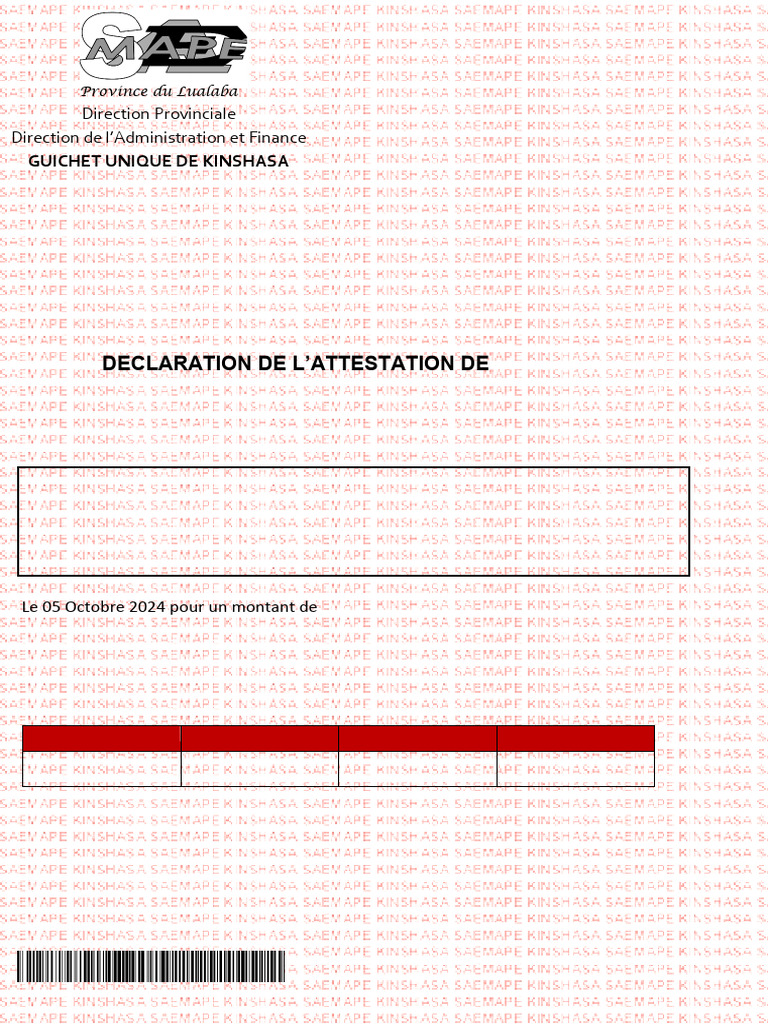 Attestation de paiement SAEMAPE Kinshasa | PDF