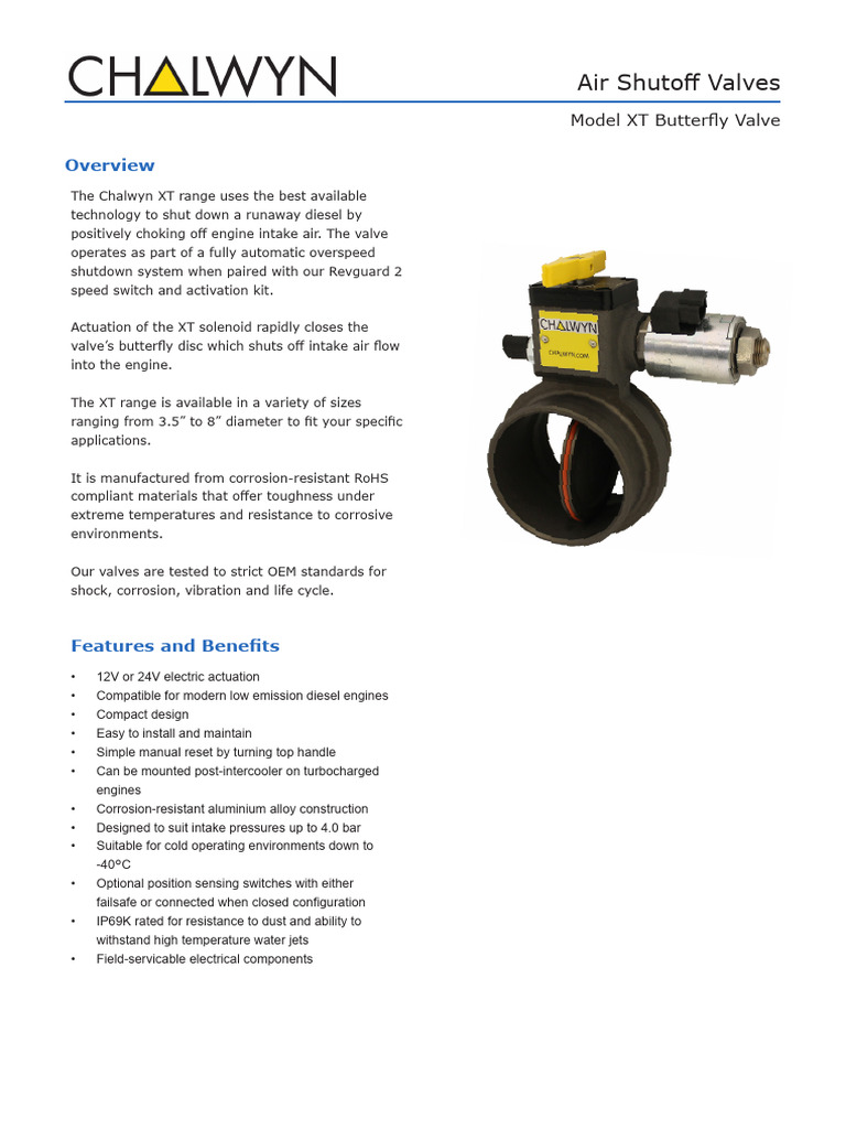 Chalwyn XT Diesel Air Shutoff Valve | PDF | Valve | Corrosion