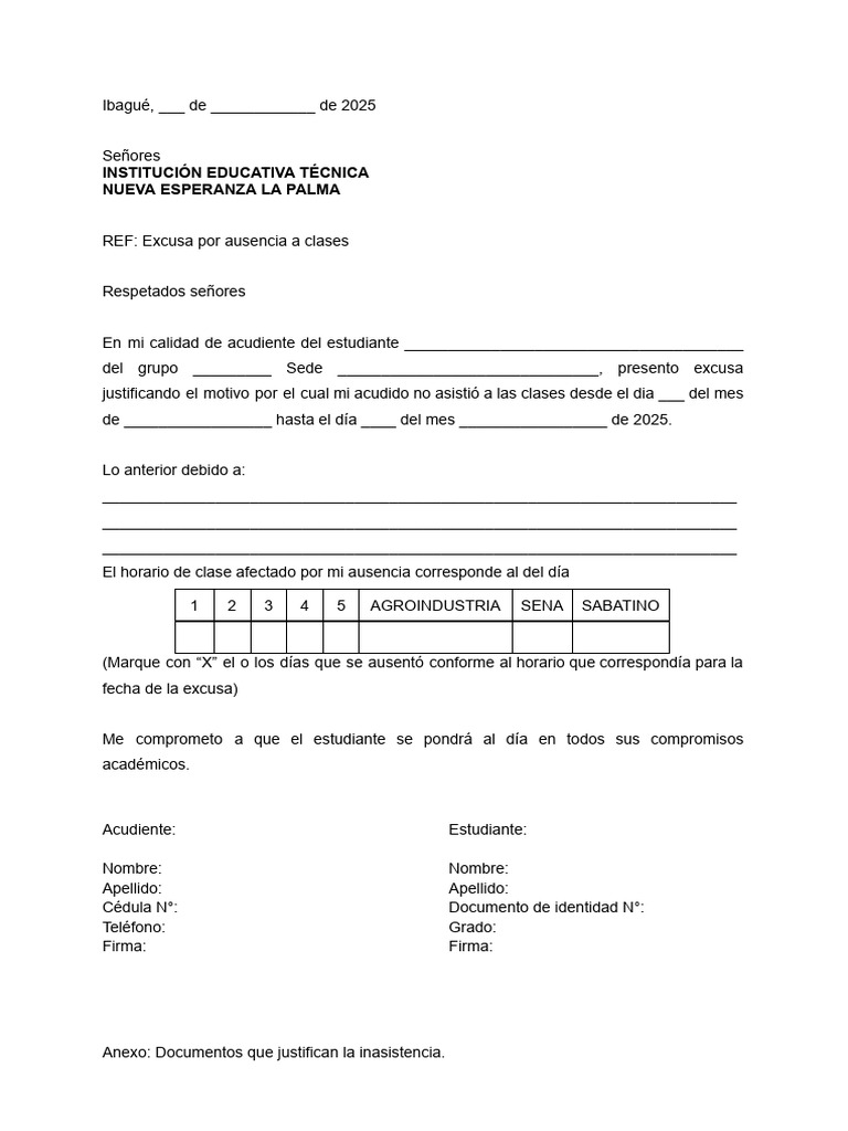 Formato Modelo de Excusas Por Ausencia A Clases 2025 | PDF