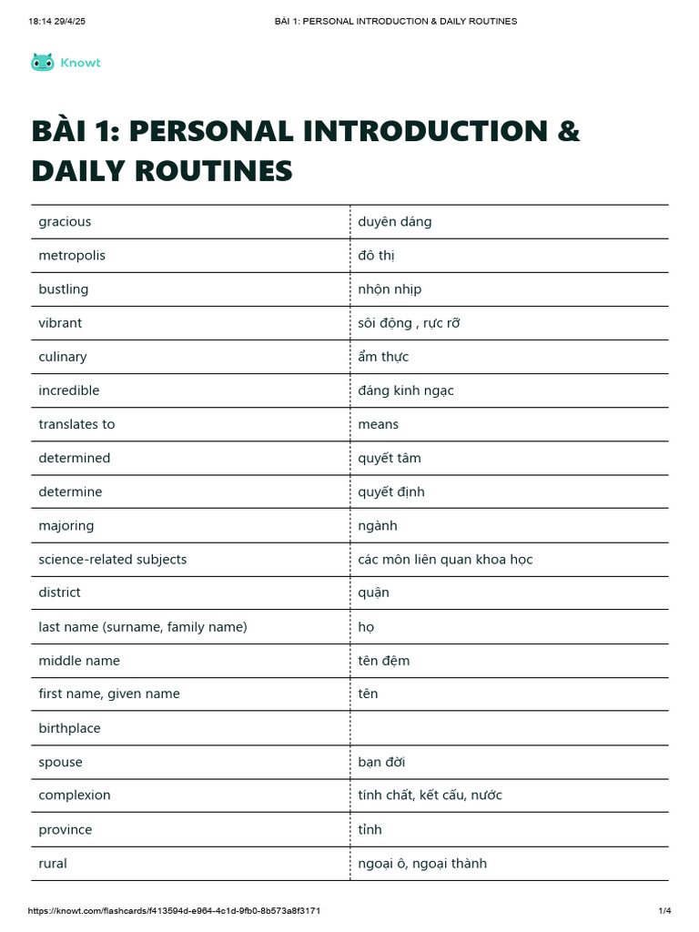 Bài 1 - Personal Introduction & Daily Routines | PDF
