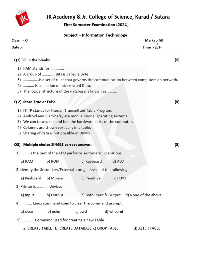 Xi 1ST Semester Paper It 22.10.24 | PDF | Databases | Input/Output