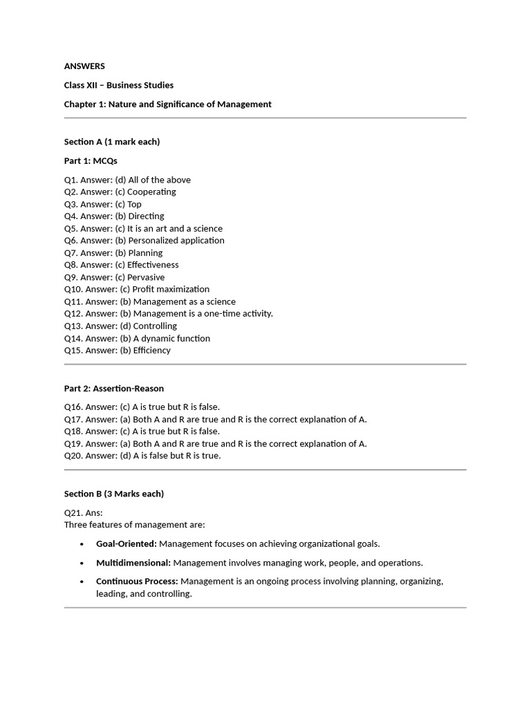 ANSWERS of Chapter 1 Business Studies | PDF | Employment | Team Building