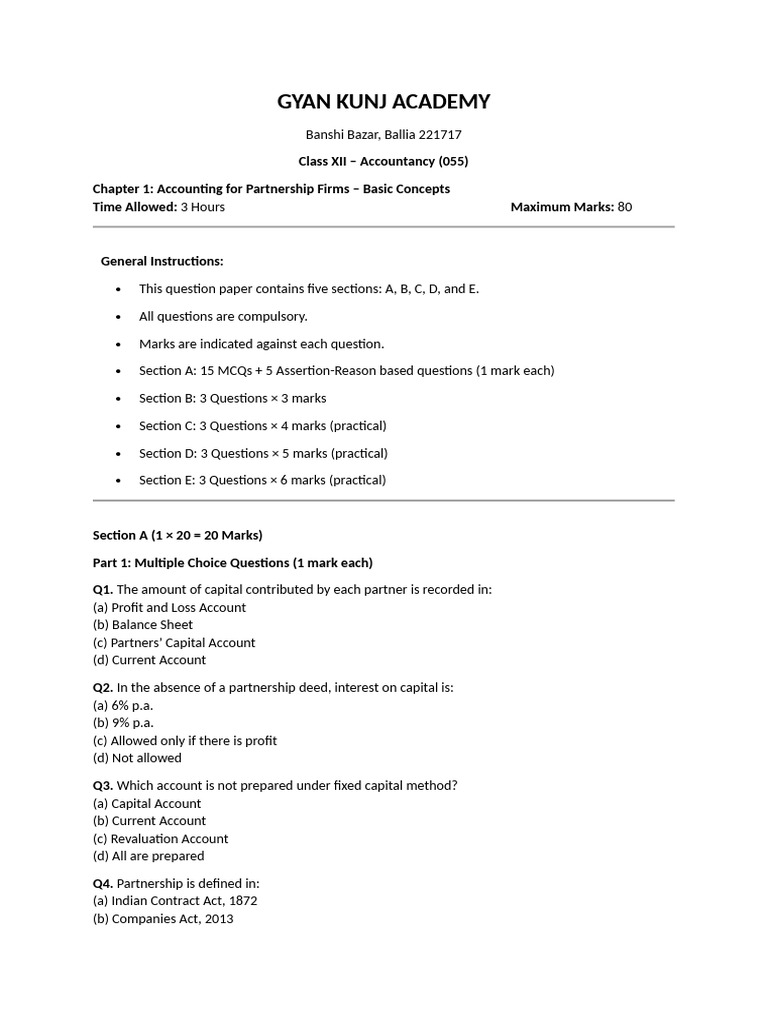Class 12 Accountancy Chapter 1 Questions | PDF | Partnership | Income ...