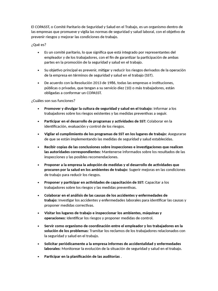 Funciones del COPASST y Comité de Convivencia | PDF | Seguridad y salud ...