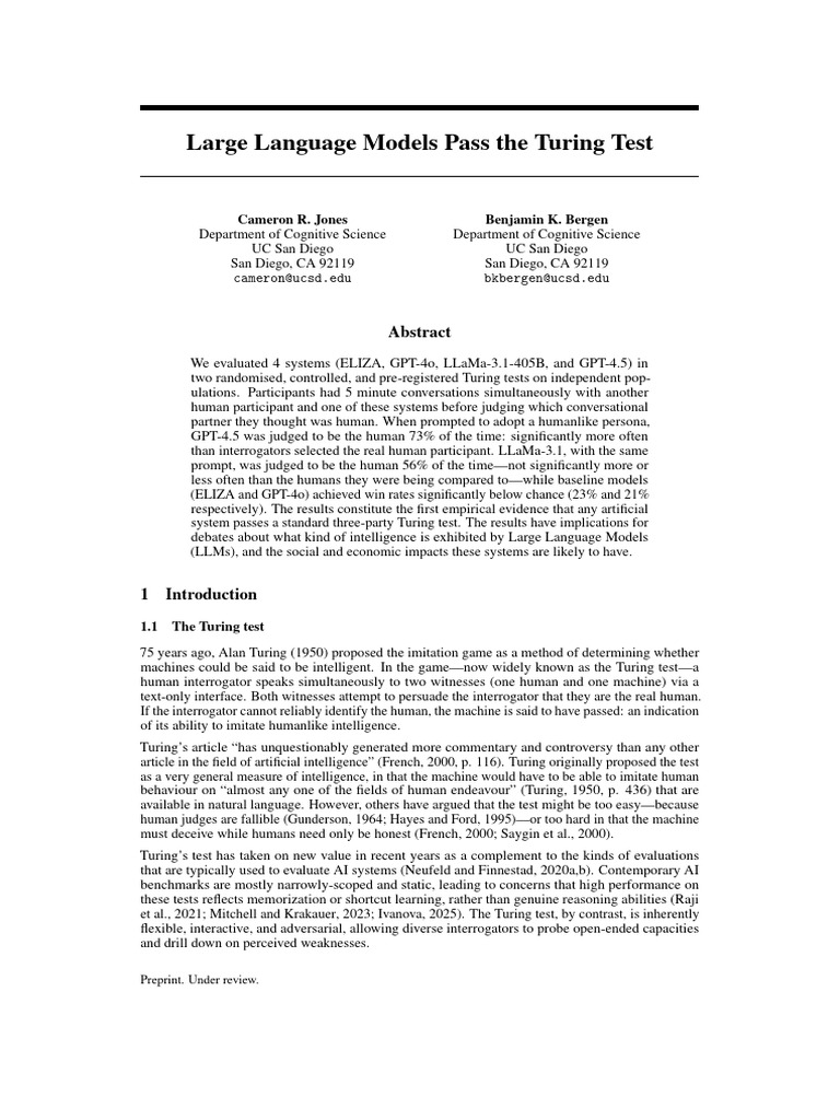 Large Langage Models Pass The Turing Test | PDF | Artificial ...