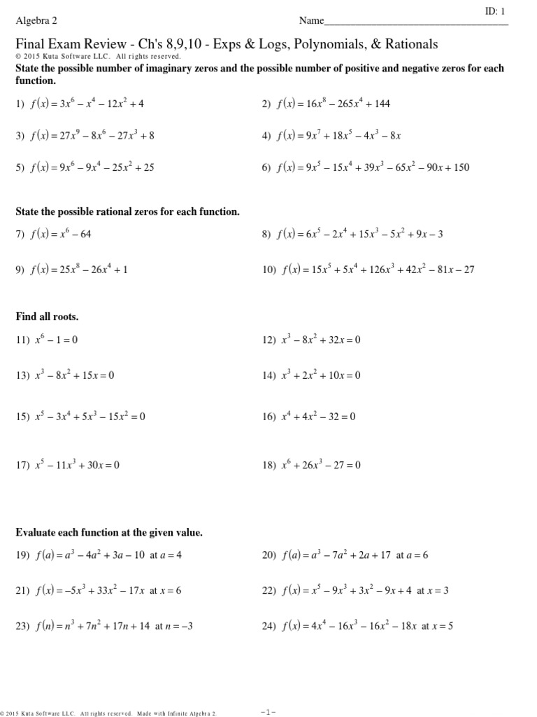 Algebra 2 - Final Exam Review - Ch' S 8,9,10 - Exps & Logs, Polynomials ...