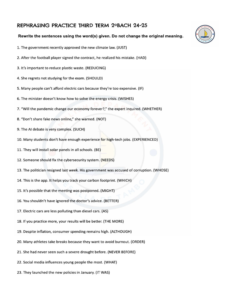 Rephrasing Exercise Third Term 2ºBACH 24 - 25 | PDF