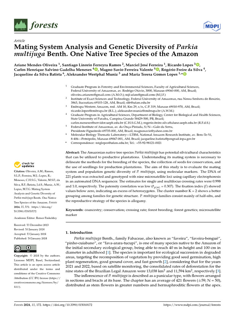 Mating System Analysis and Genetic Diversity of Parkia Multijuga Benth ...