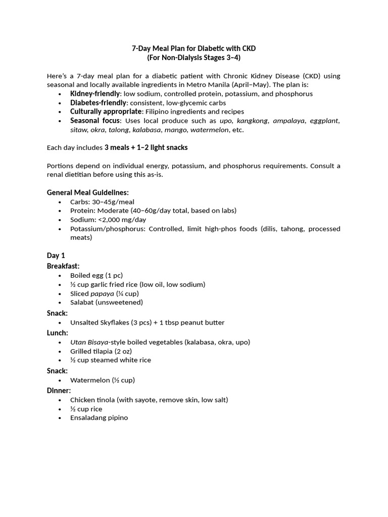 7-Day Diabetic CKD Meal Plan | PDF | Chronic Kidney Disease | Internal ...