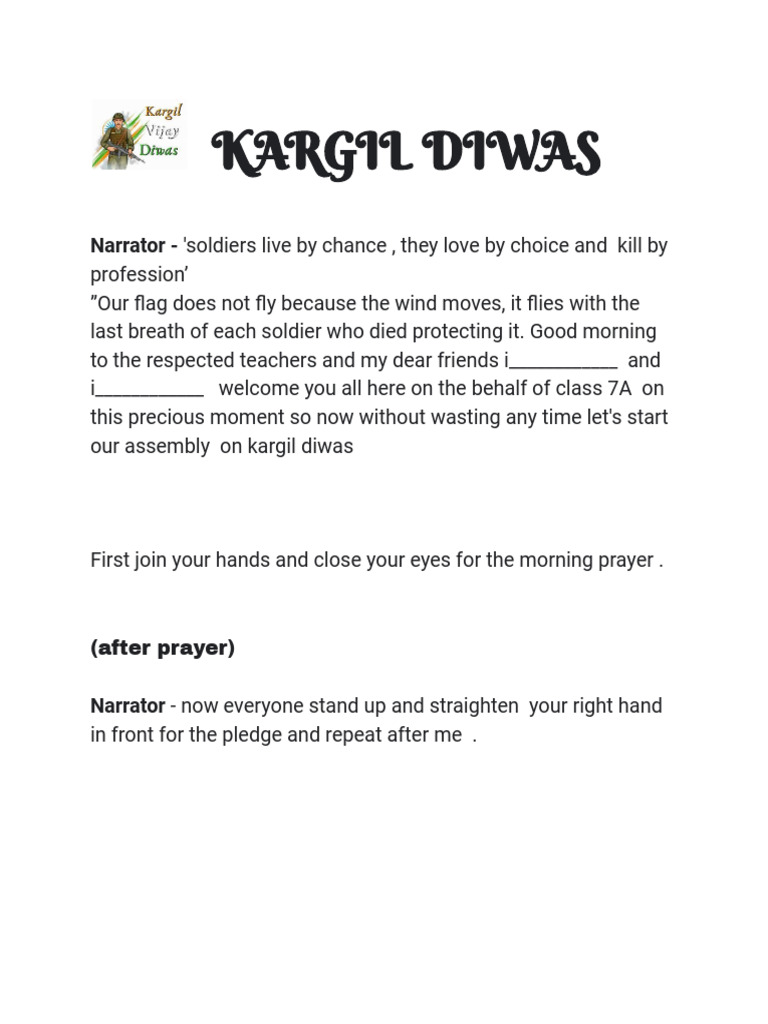 Kargil Diwas Assembly Class 7 A (Perfect) | PDF | Government Of India