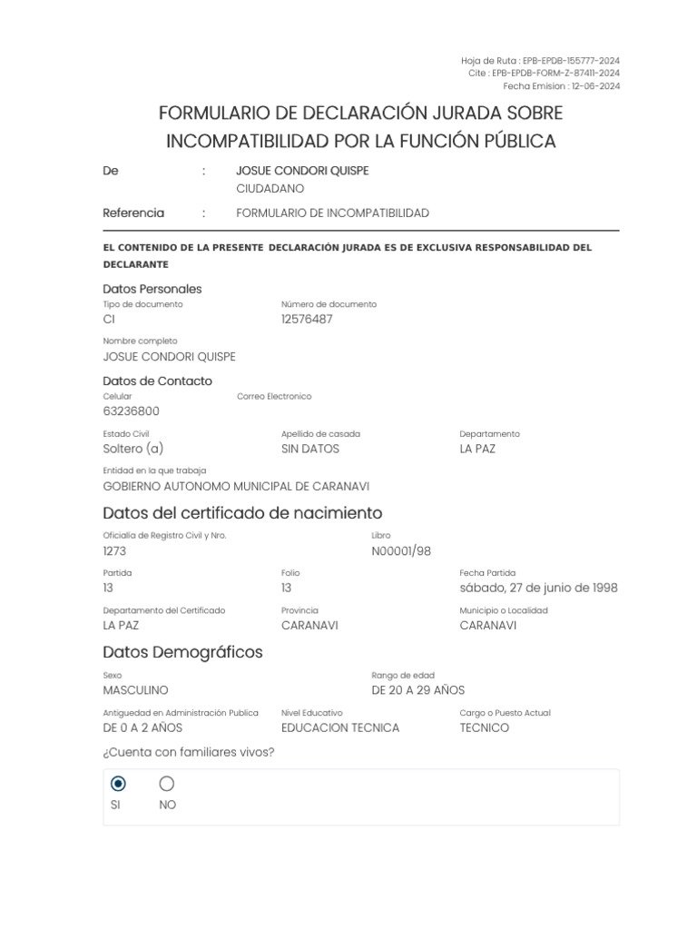 Formulario de Declaración Jurada Sobre Incompatibilidad Por La Función ...