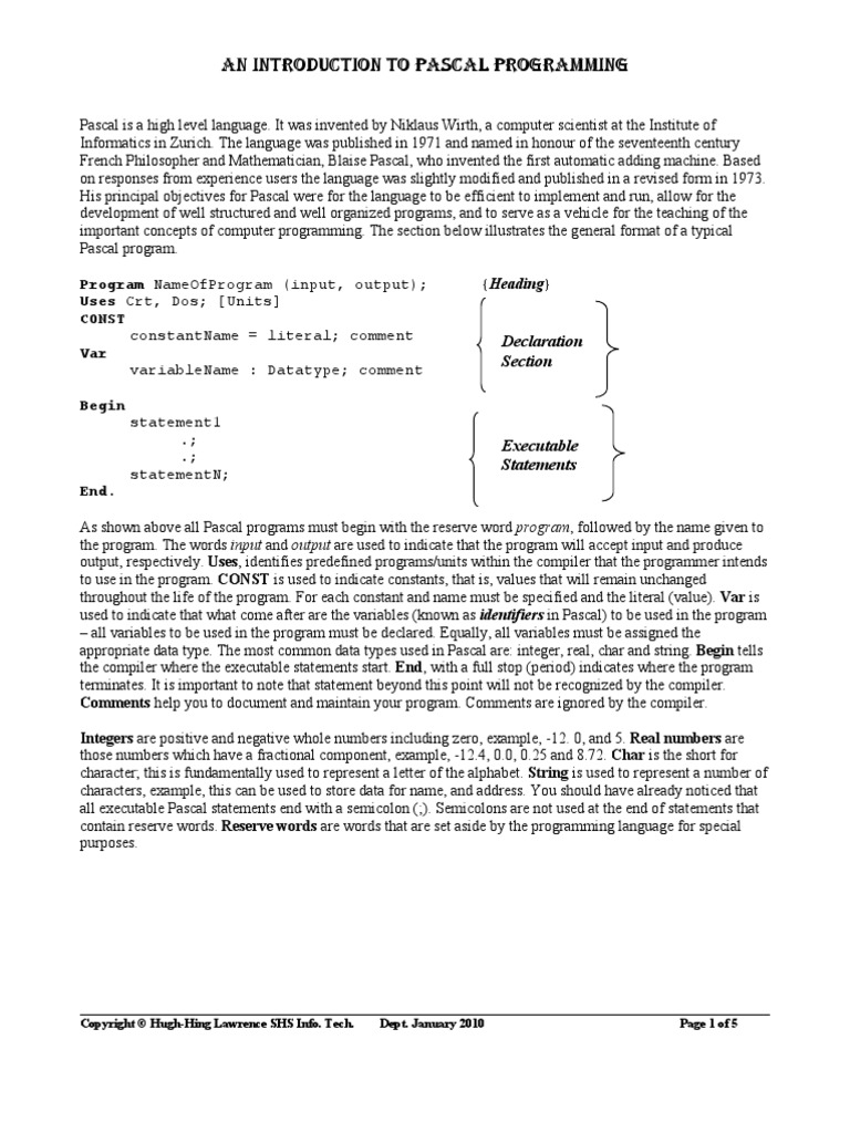 An Introduction To Pascal Programming Mod 2010 Pdf Notation 4367