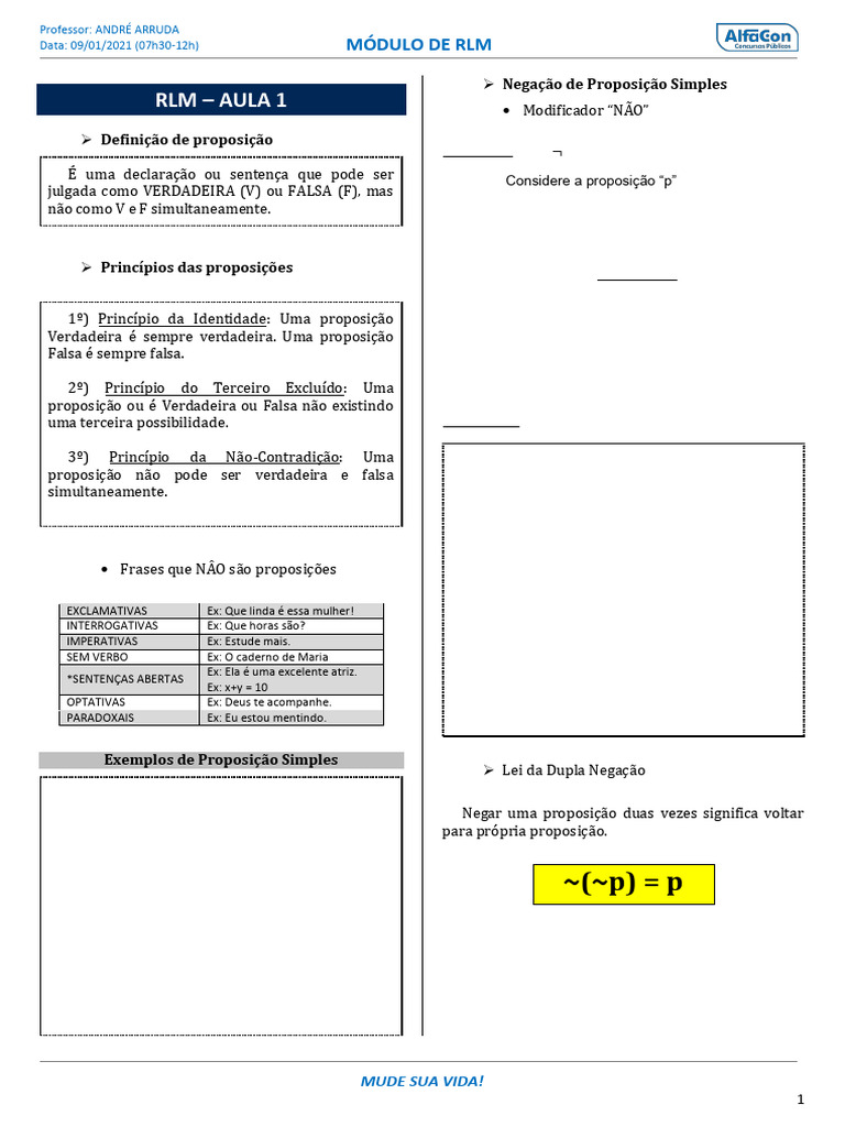 Prof. Arruda - Módulo de RLM - Aula 01 - 09 Jan 21 | PDF | Matemática | Lógica