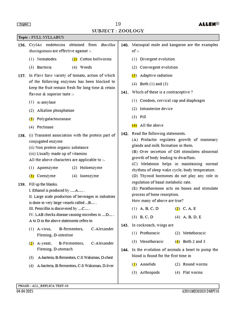 Allen - Neet Replica FST QP Zoology - 04.04.2025 PDF | PDF | Synapse ...