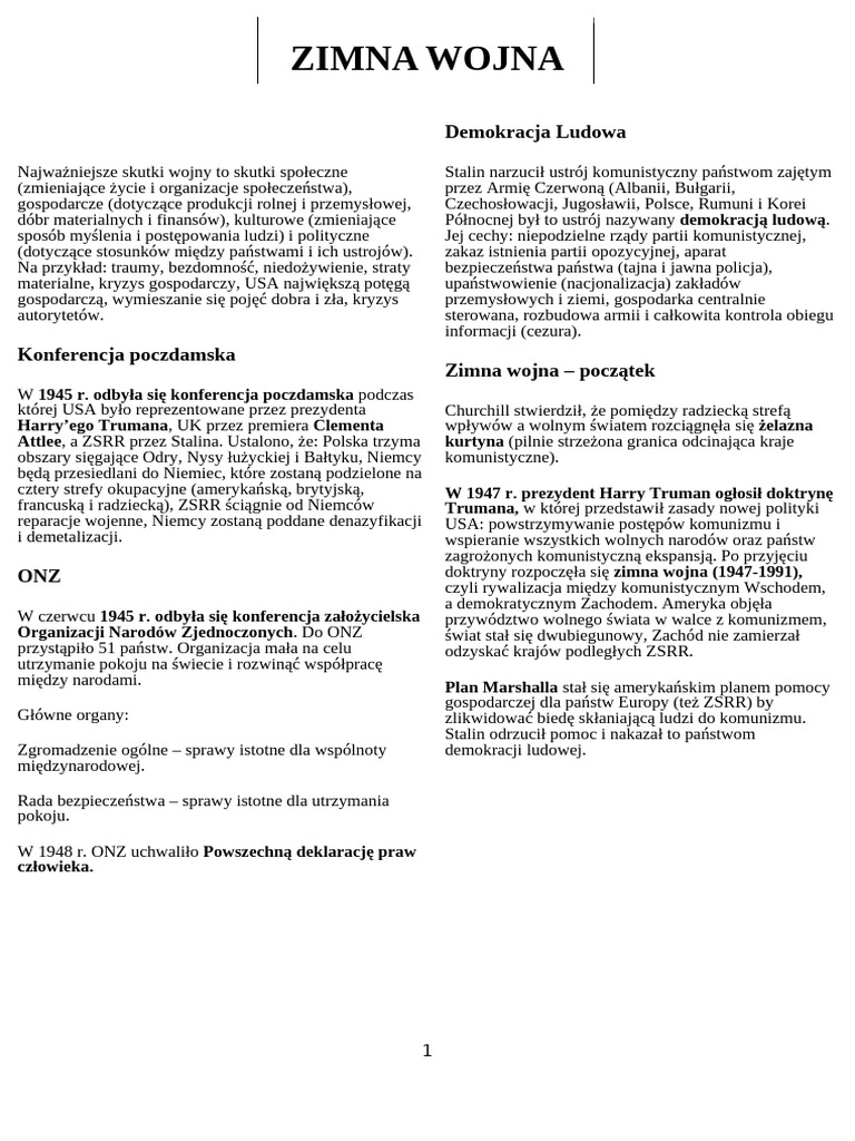 Zimna Wojna Notatka Z Histori KL 8 | PDF