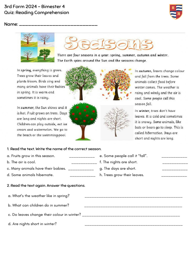 Reading Comprehension Quiz: Seasons | PDF