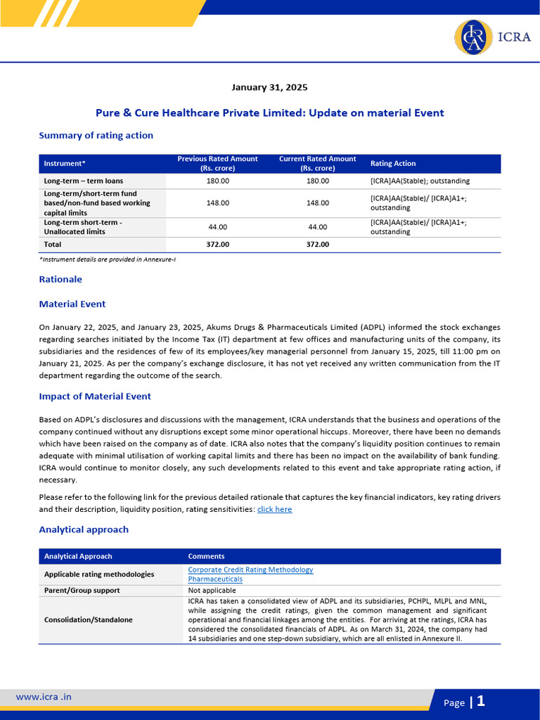 Pure & Cure Healthcare Rating Update | PDF | Credit Rating Agency ...