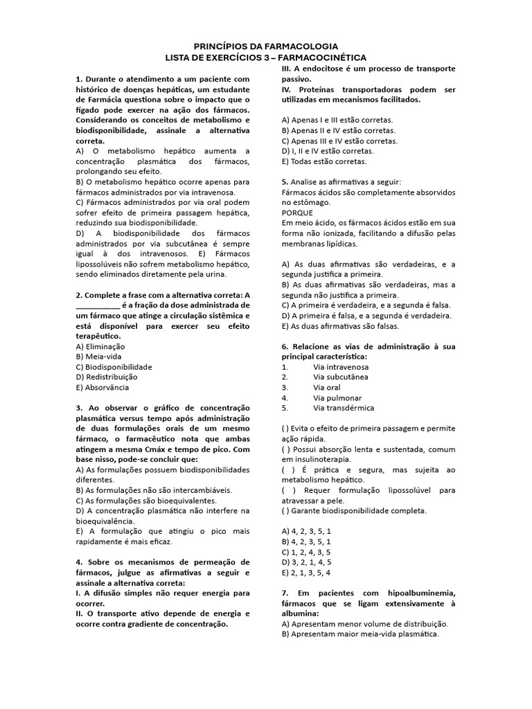 Lista de Exercícios 3 - Farmacologia Básica-1 | PDF ...